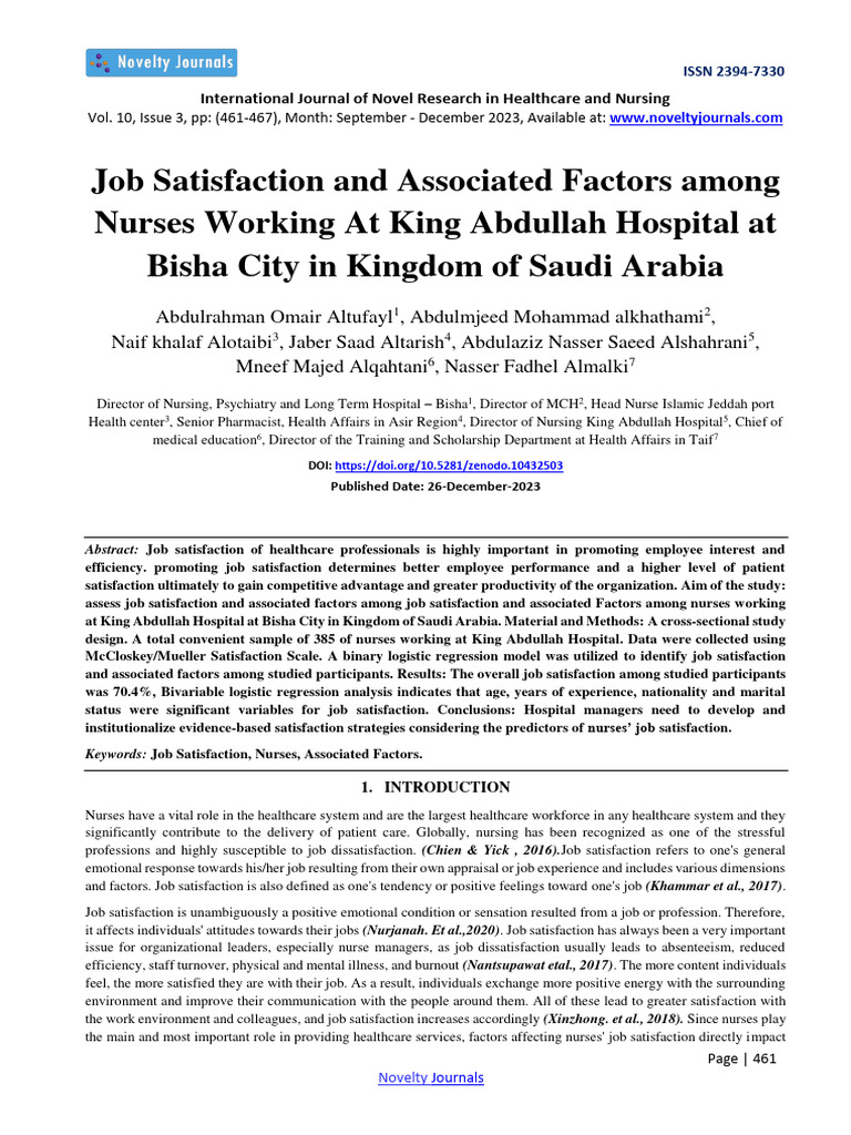 Job Satisfaction and Associated Factors Among Nurses Working at King ...