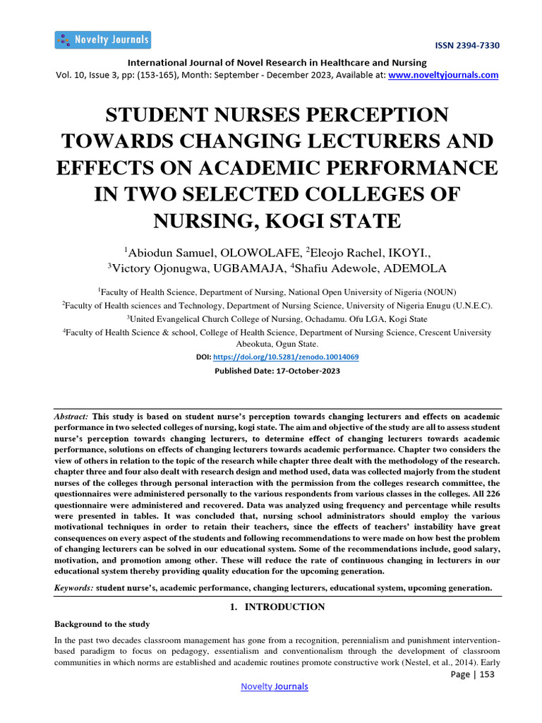 Student Nurses Perception Towards Changing Lecturers and Effects On Academic Performance in Two ...