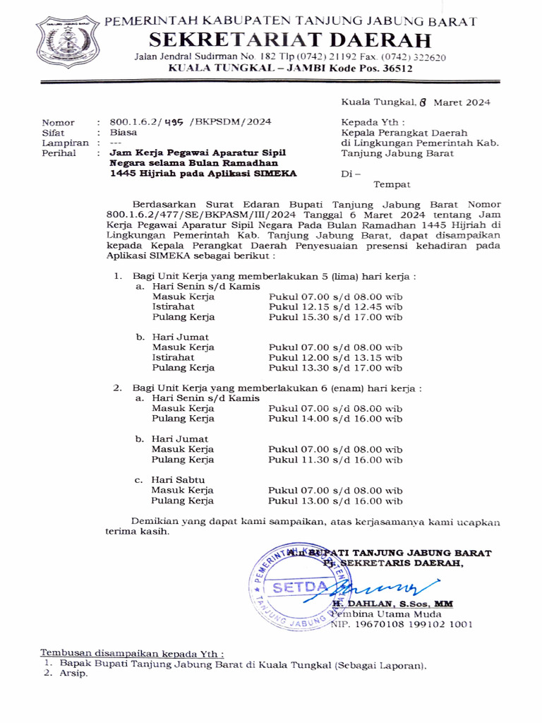 Surat Jam Kerja SIMEKA Selama Ramadhan | PDF