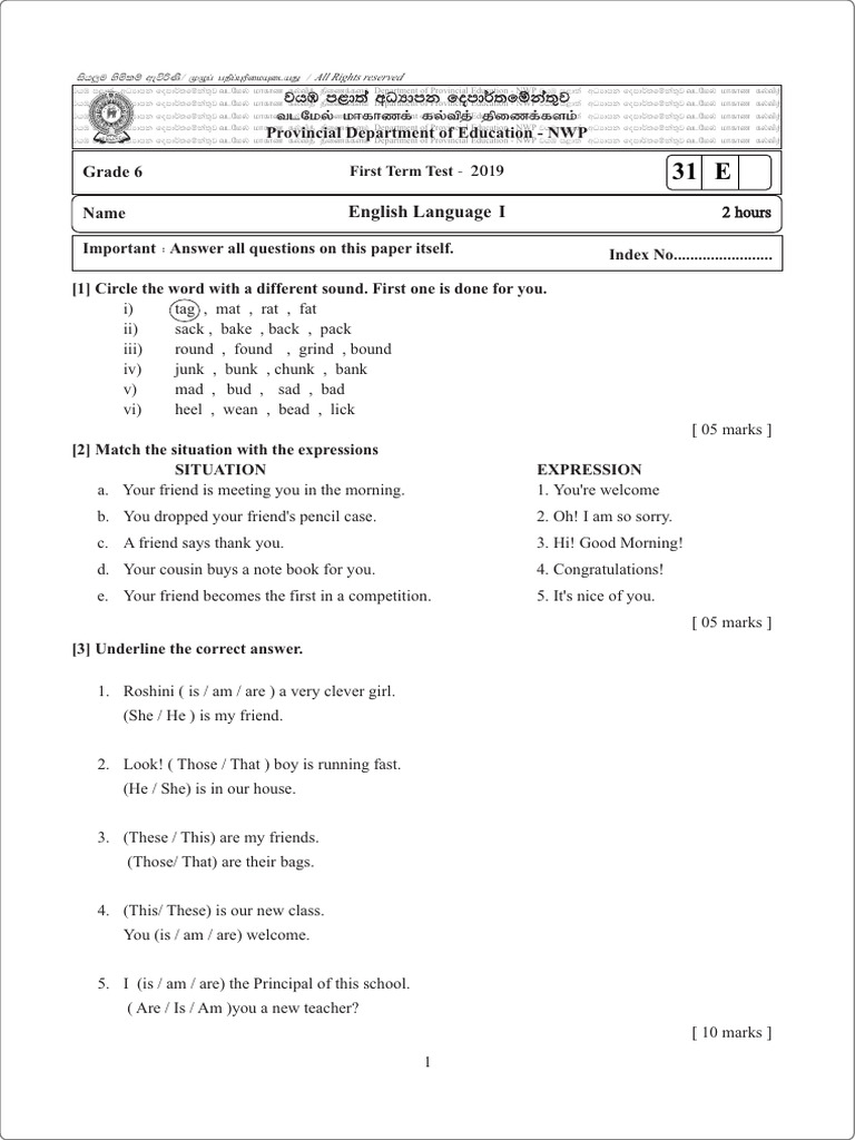 Grade 6 English First Term Test Paper | PDF