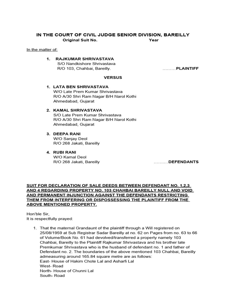 Permanent Injunction and Sale Deed Cancellation Suit | PDF | Lawsuit ...