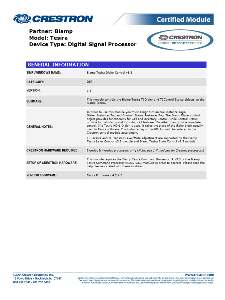 Biamp Tesira Dialer Control v3.3 Help | PDF | Telephone Number | Software