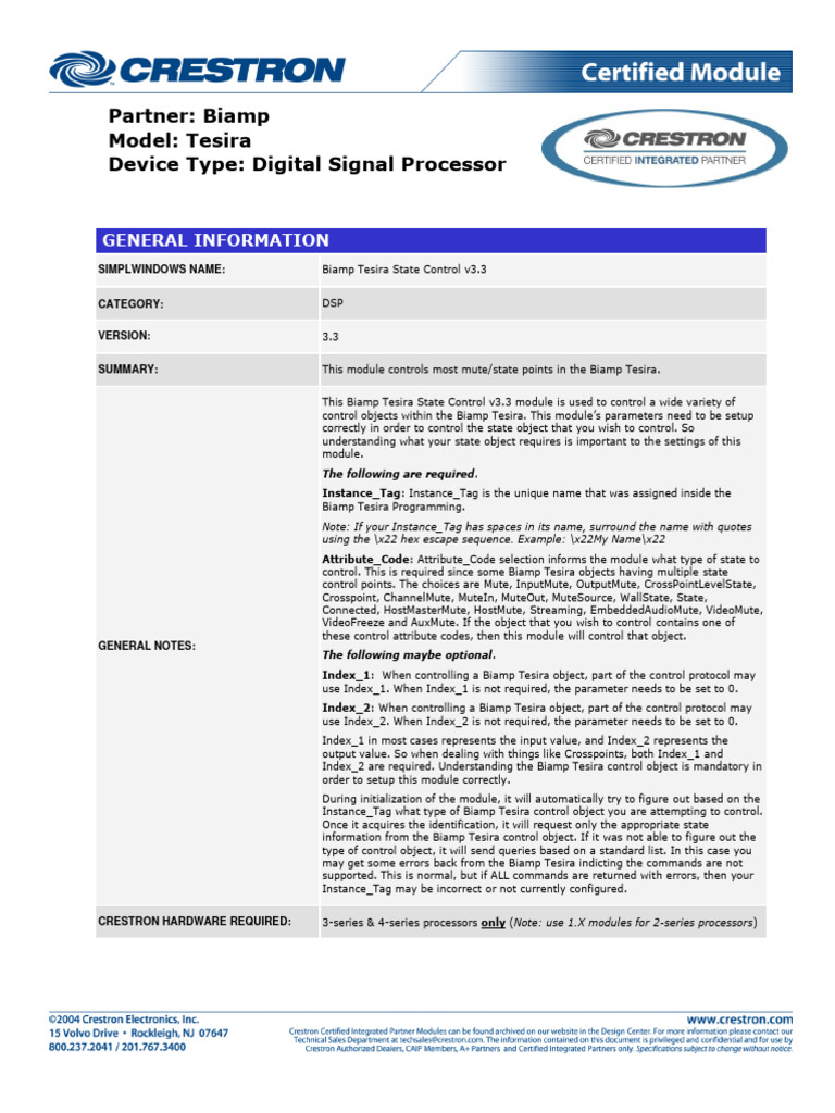 Biamp Tesira DSP Control Guide | PDF | Input/Output | Parameter ...