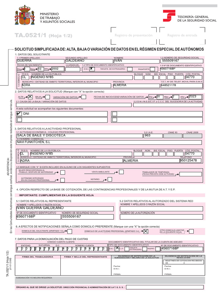TA-0521-1 Alta Autonomo | PDF | Documento de identidad | Administración Pública