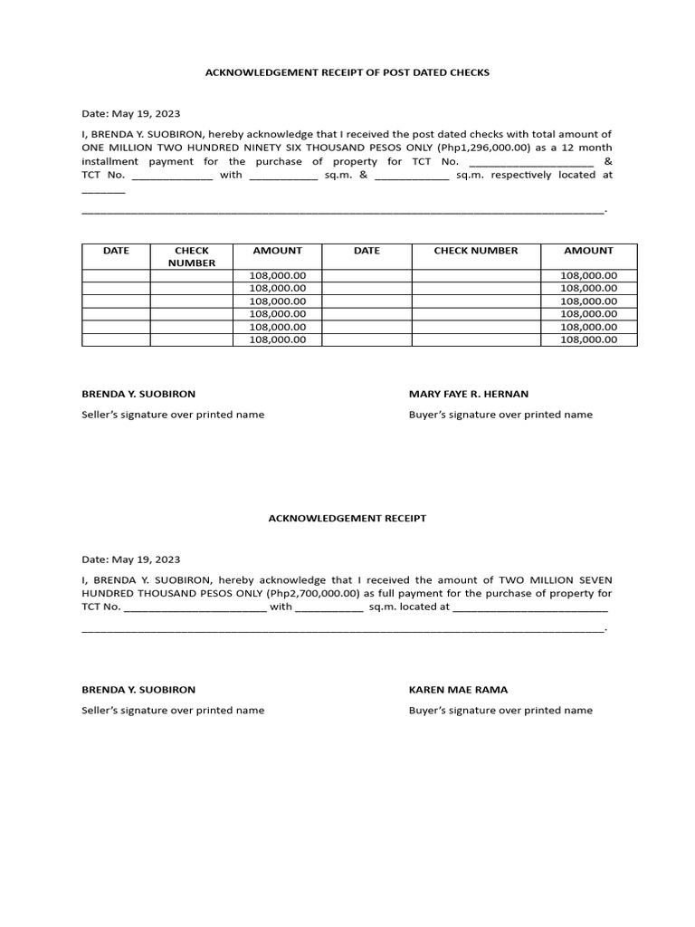 Acknowledgement Receipt of Post Dated Checks | PDF