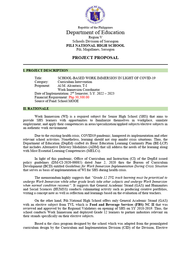 Work Immersion Proposal SY 2022 - 2023 | PDF | Learning | Curriculum