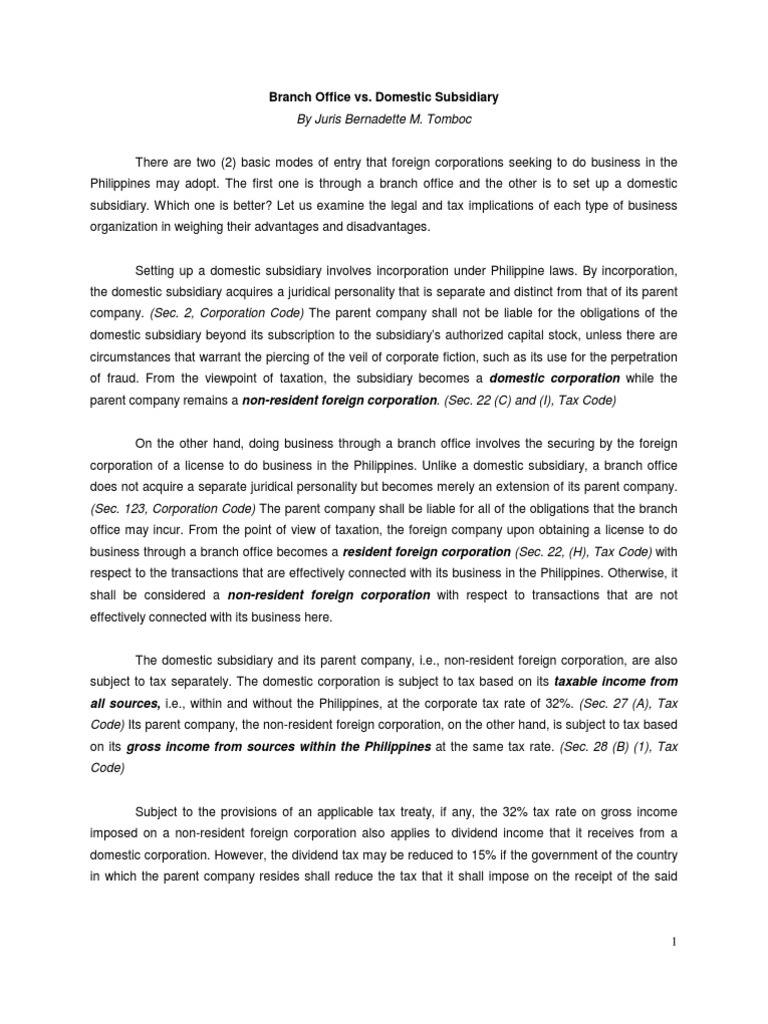 Subsidiary vs. Branch | PDF Subsidiary vs. Branch | PDF