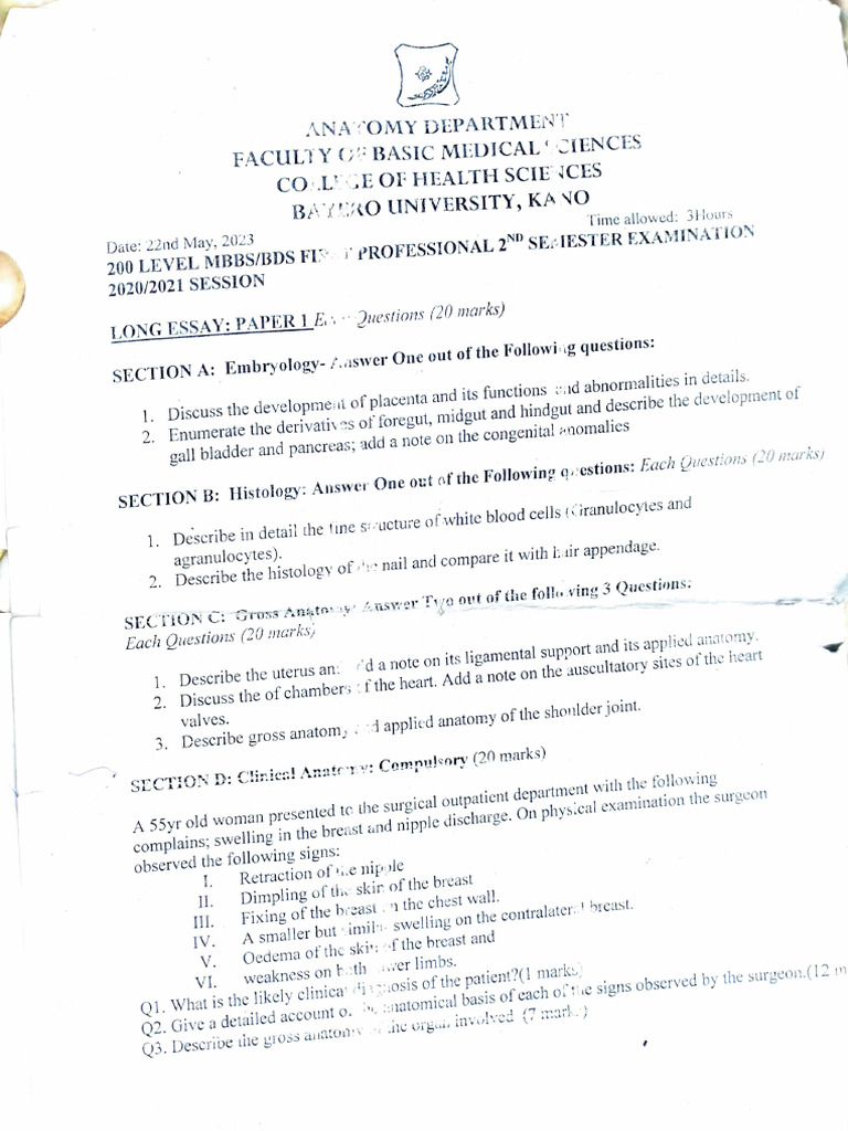 200-Level MBBS/BDS Exam Questions Overview | PDF