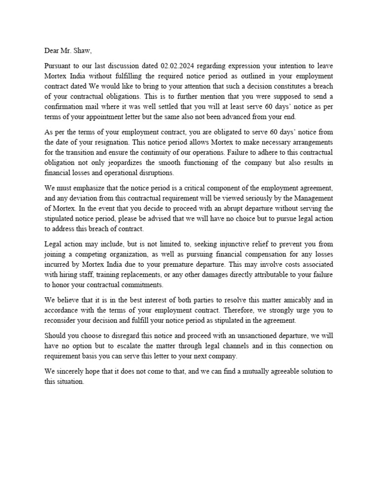 Letter to Deepak Shaw | PDF | Breach Of Contract | Private Law