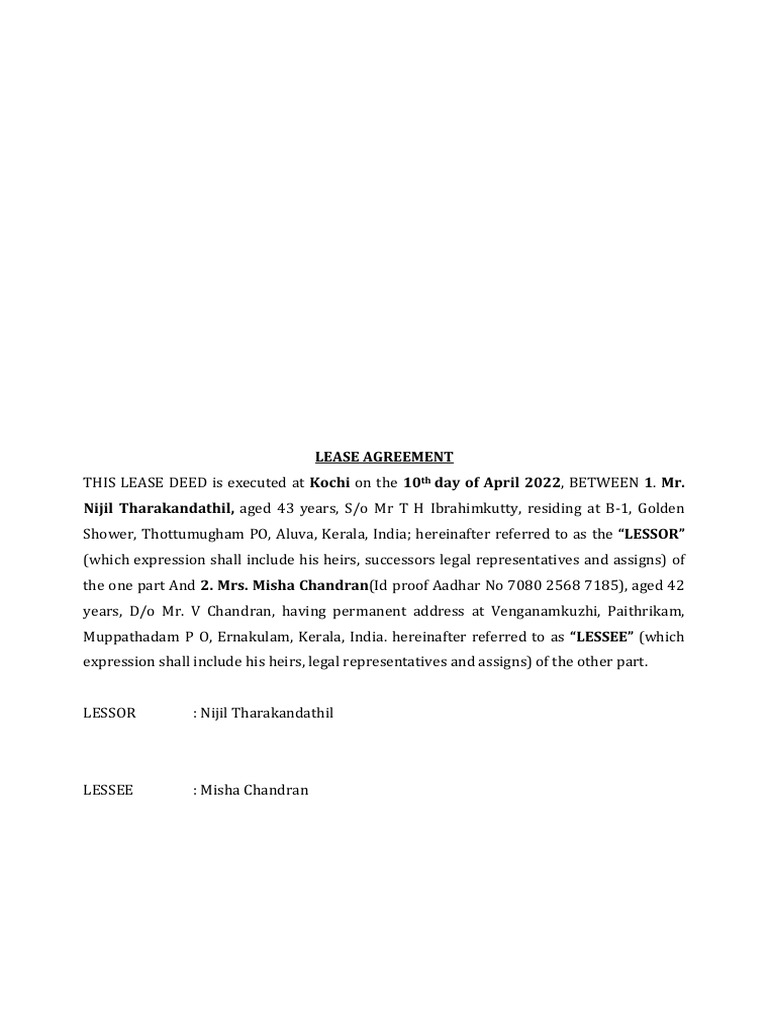Rent Agreement Format Kerala India - 2022 | PDF | Lease | Property