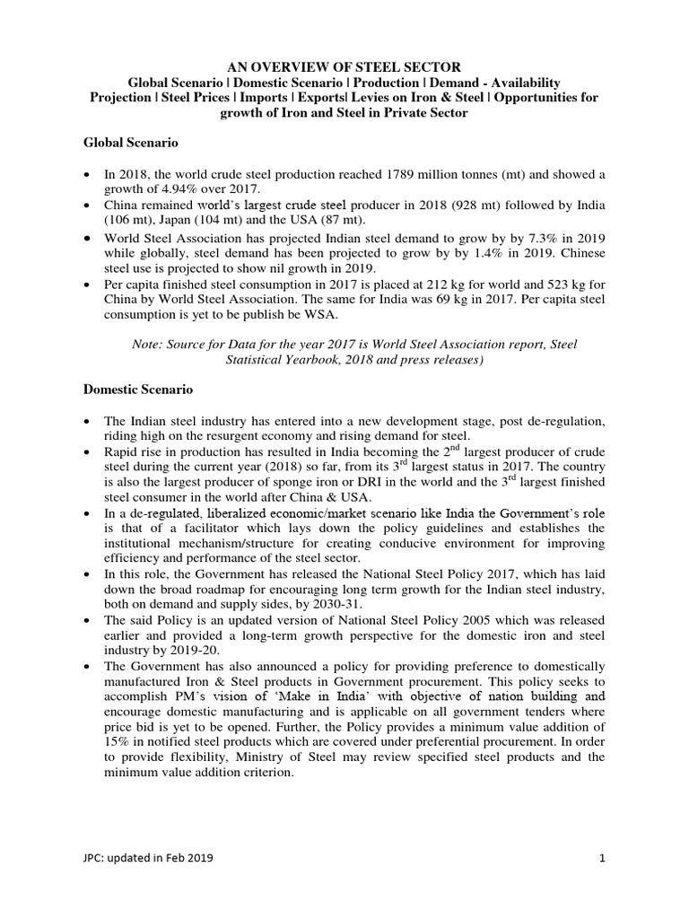 An Overview of Steel Sector - Updtd Dec 2018 | PDF | Steel | Iron