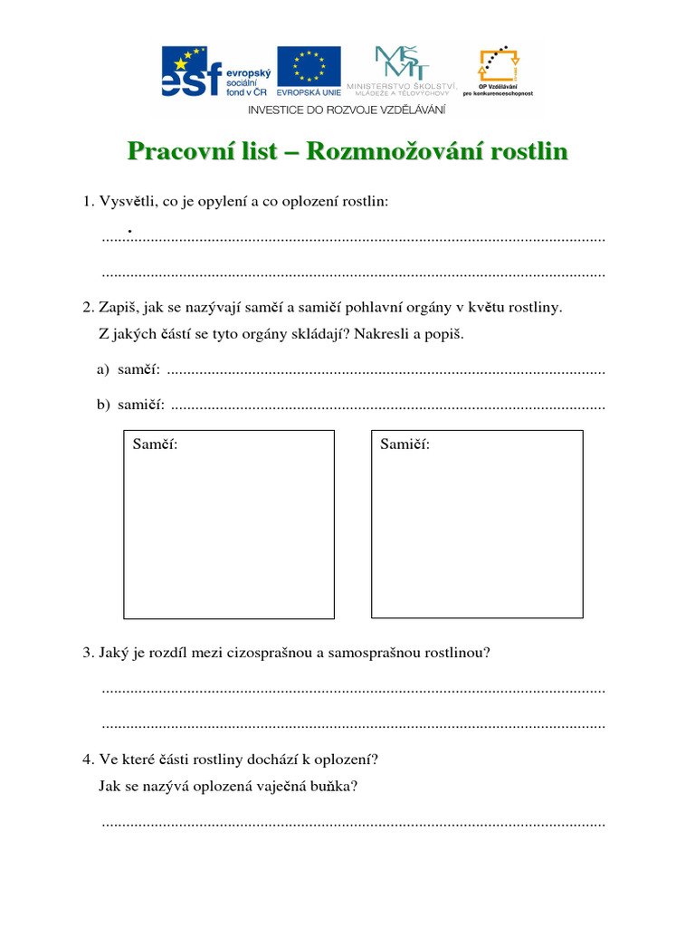 PRACOVNÍ LIST ROZMNOŽOVÁNÍ ROSTLIN | PDF