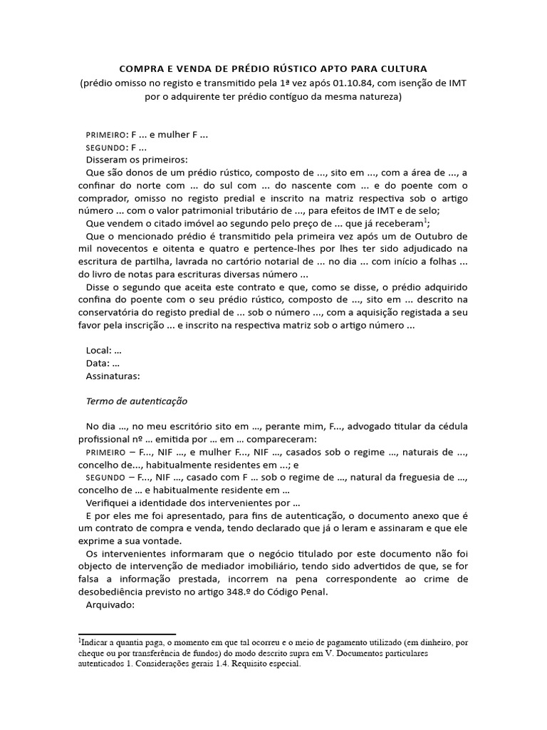 Compra E Venda de Prédio Rústico Apto para Cultura: Primeiro Segundo | PDF