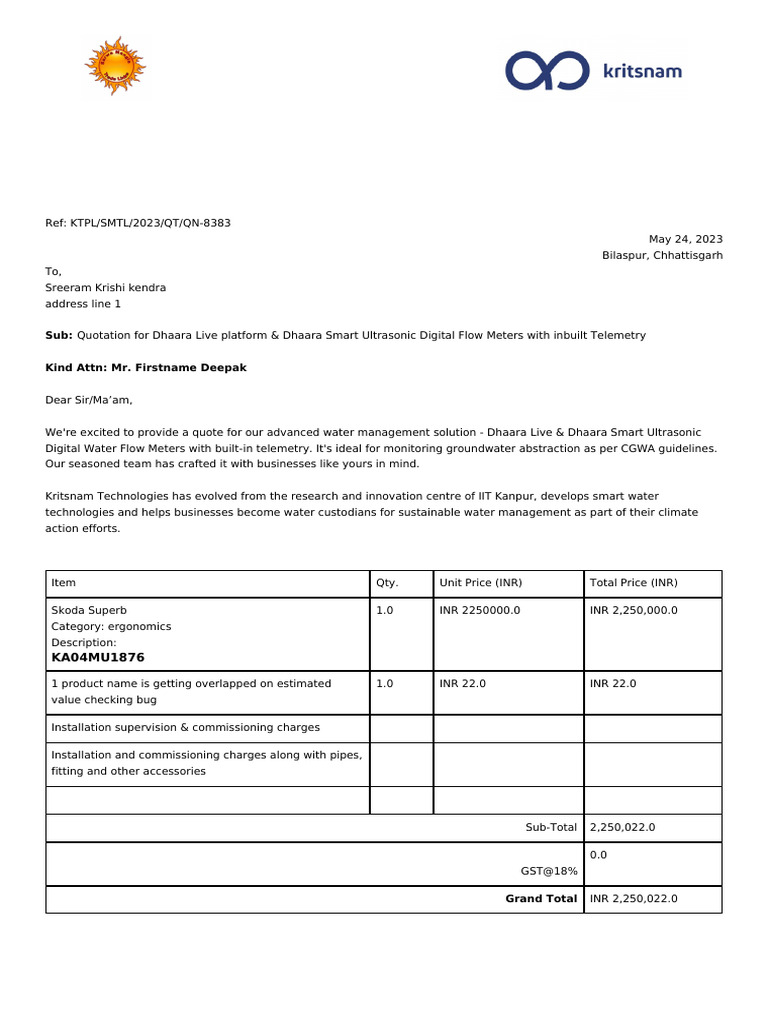 Quotation - L44V - Sreeram Krishi | PDF | Flow Measurement | Computing Quotation - L44V - Sreeram Krishi | PDF | Flow Measurement | Computing