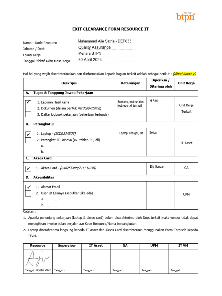 Formulir Exit Clearance Form Resource IT Fin1 3 - Editing | PDF