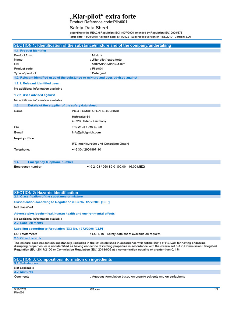 Klar-Pilot Extra Forte UK | PDF | Dangerous Goods | Safety