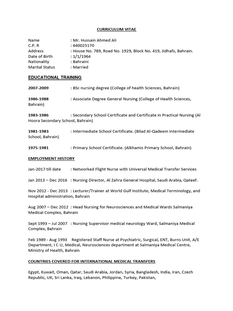 Hussain-CV | PDF | Bahrain | Nursing