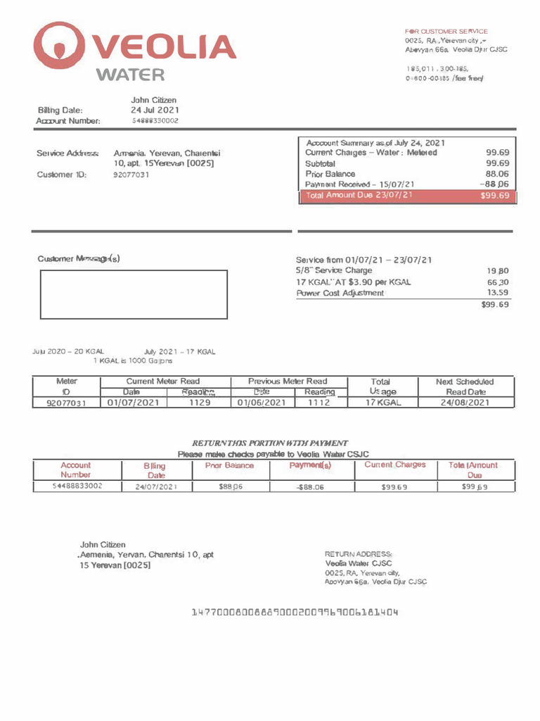 Armenia Veolia Water Utility BillVeol QQQQQ | PDF | Services (Economics) | Payments