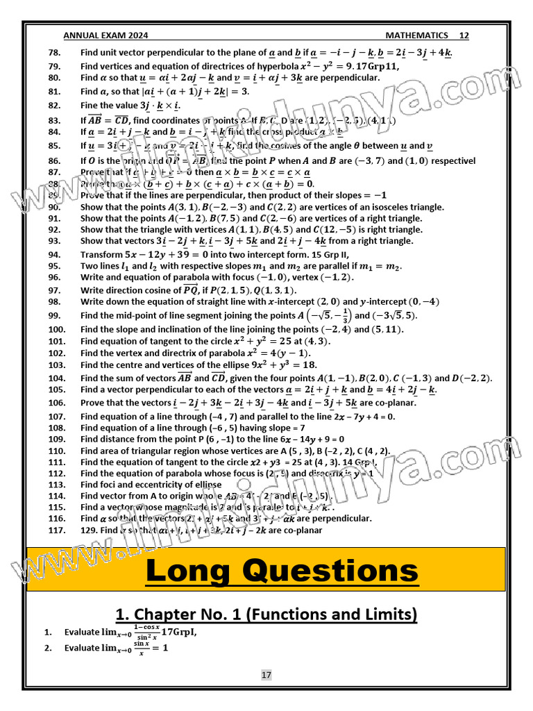 12th Class Guess Papers 2024 Math Long | PDF | Ellipse | Triangle