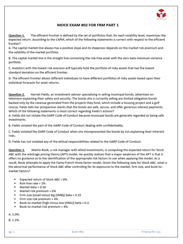 FRM Part I Mock Exam 02 F4U Center 28.4.2019 PDF | PDF | Futures ...