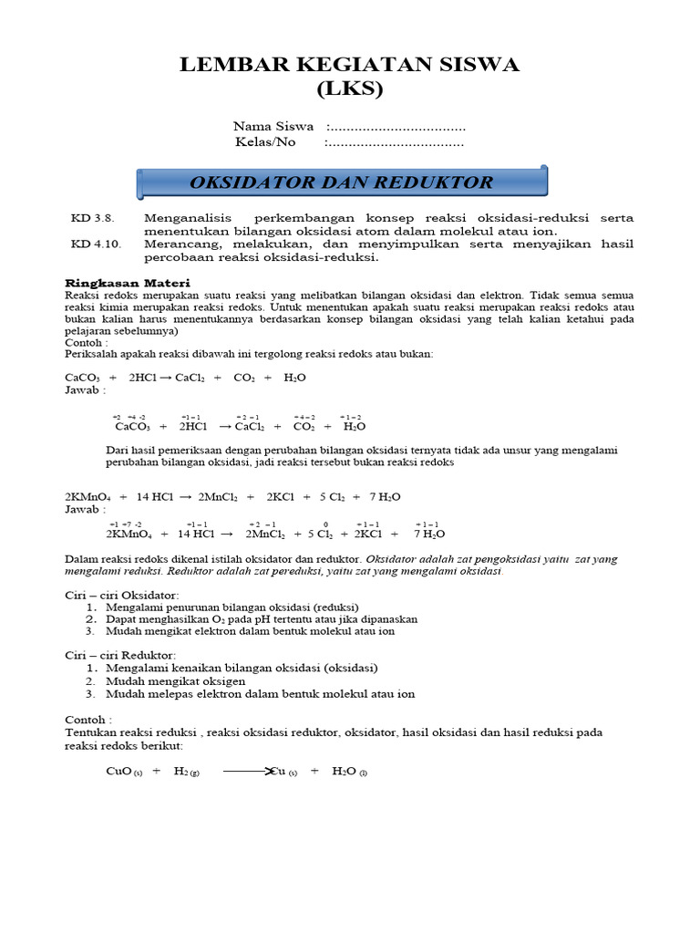 Lembar Kegiatan Siswa Reduktor Oksidator | PDF