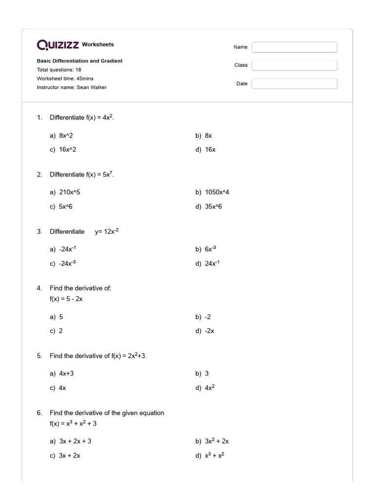 Basic Differentiation and Gradient - Quizizz | PDF | Derivative | Calculus