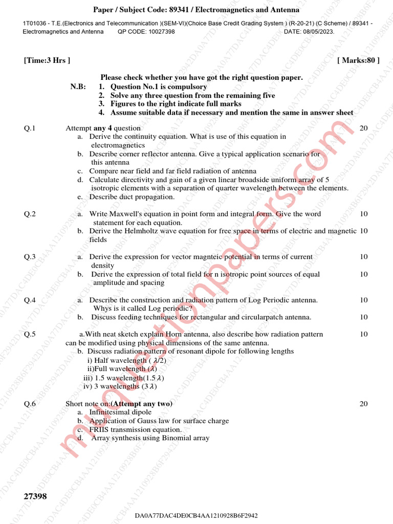 Be - Electronics and Telecommunication - Semester 6 - 2023 - May - Electromagnetics and ...