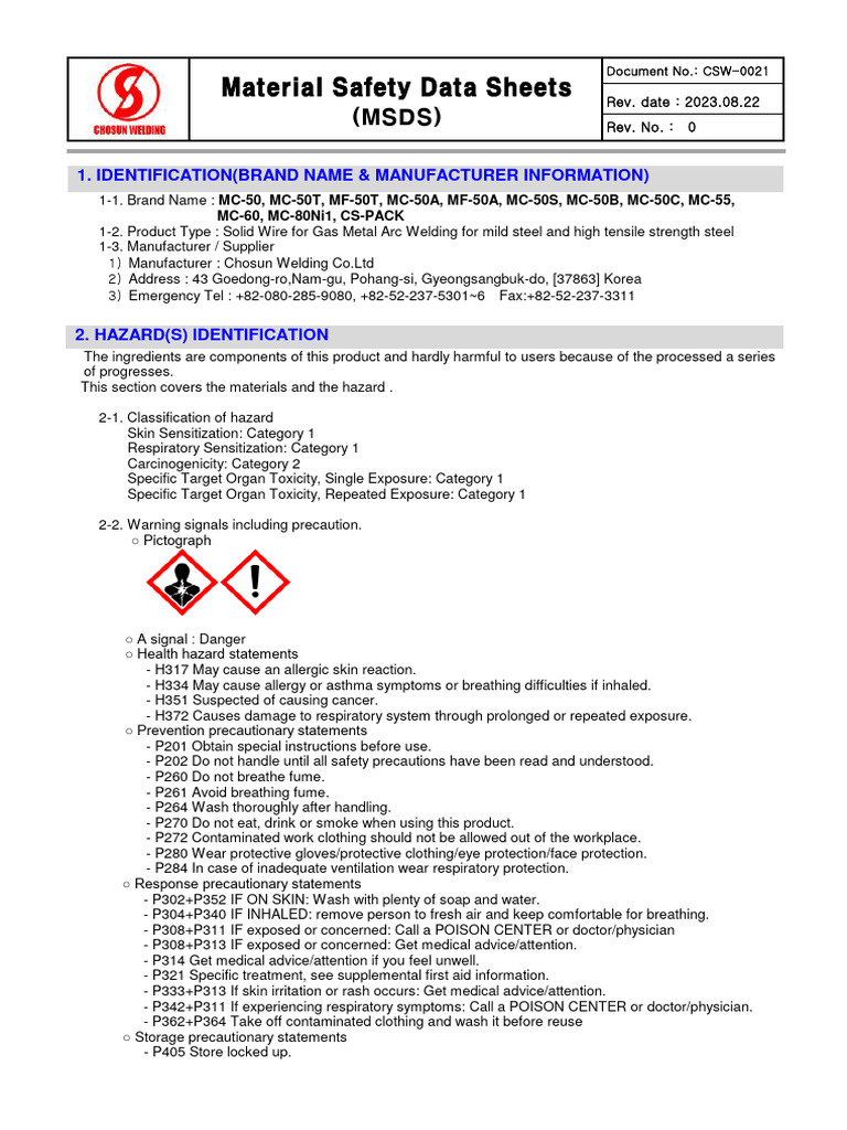 CSW-0021 MSDS GMAW(Mild Steel and High Tensile Strength Steel)(영문)_2023 ...