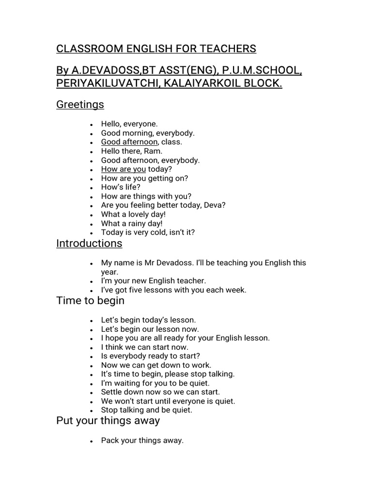 Classroom english for teachers | PDF