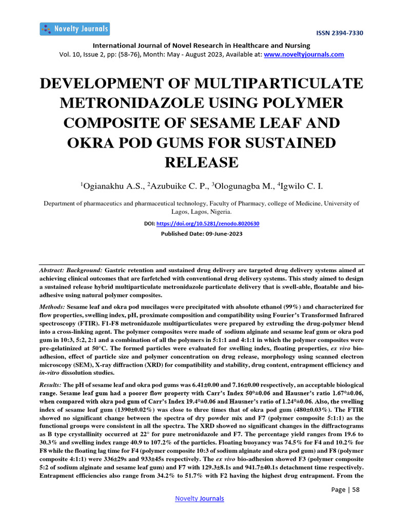 Development Of Multiparticulate Metronidazole Using Polymer Composite Of Sesame Leaf And Okra