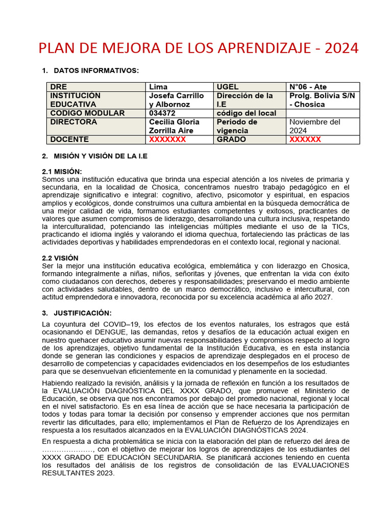 Plan Mejora de los aprendizajes 2024 ESQUEMA | PDF | Evaluación | Cognición
