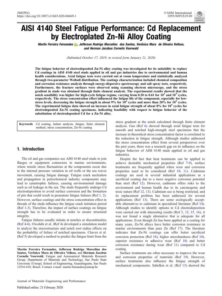 AISI 4140 Steel Fatigue Performance - CD Replacement by Electroplated Zn-Ni - 2020 | PDF ...