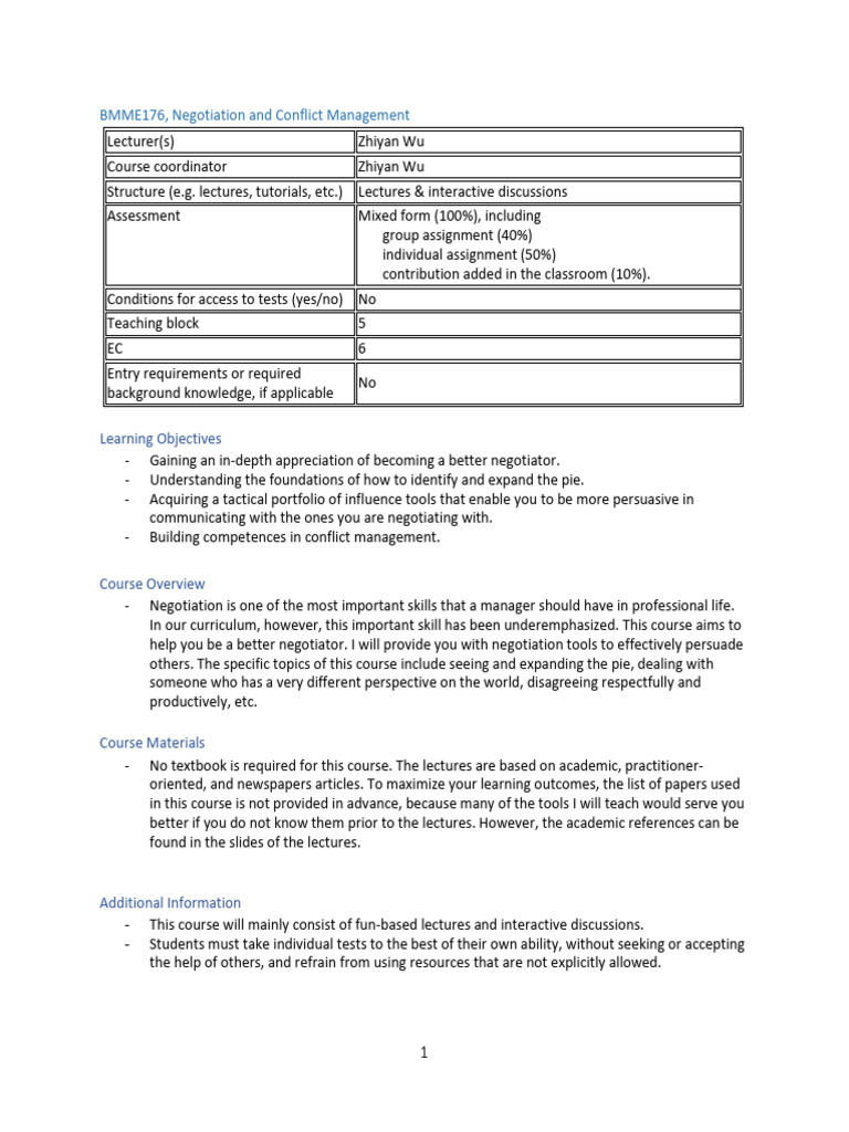 BMME176 Negotiation and Conflict Management Course Manual | PDF | Negotiation | Lecture