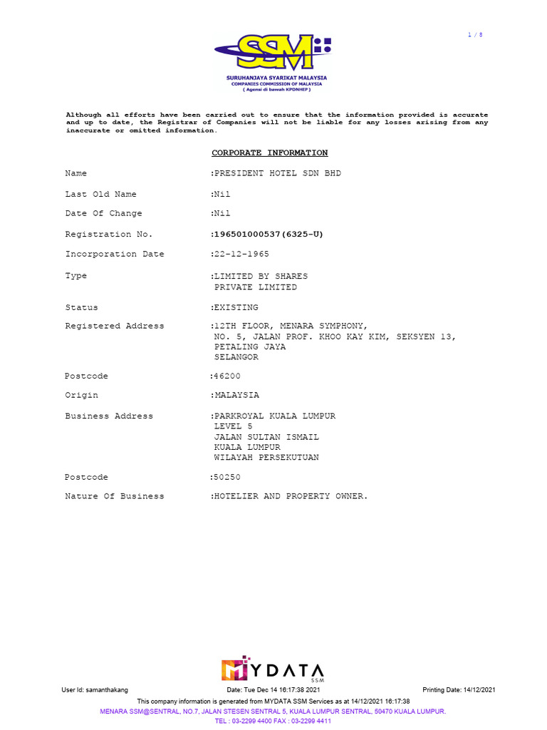 Ssm-President Hotel SDN BHD | PDF | Balance Sheet | Business