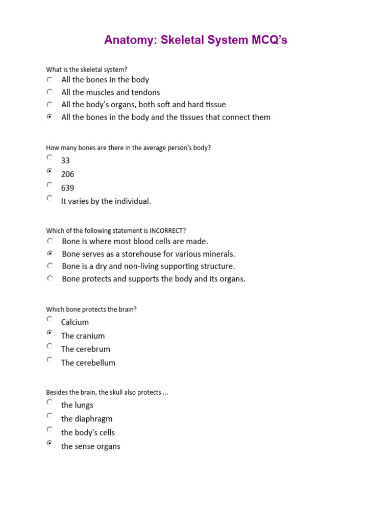 Skeletal System MCQs | PDF | Bone | Skeleton