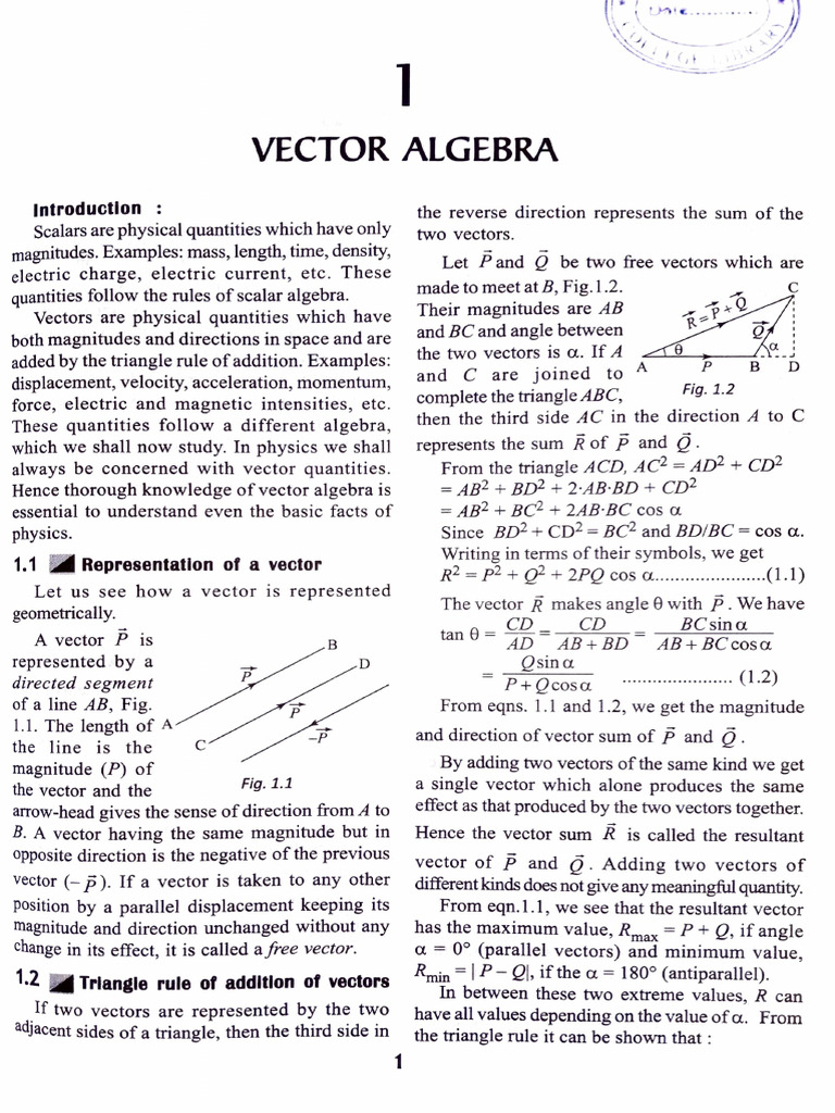 Crdg Chapter 1 Vector Algebra Pdf Euclidean Vector Vector Space