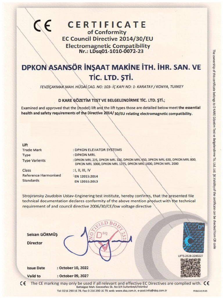 Dpkon Asansör Ce Certificate | PDF