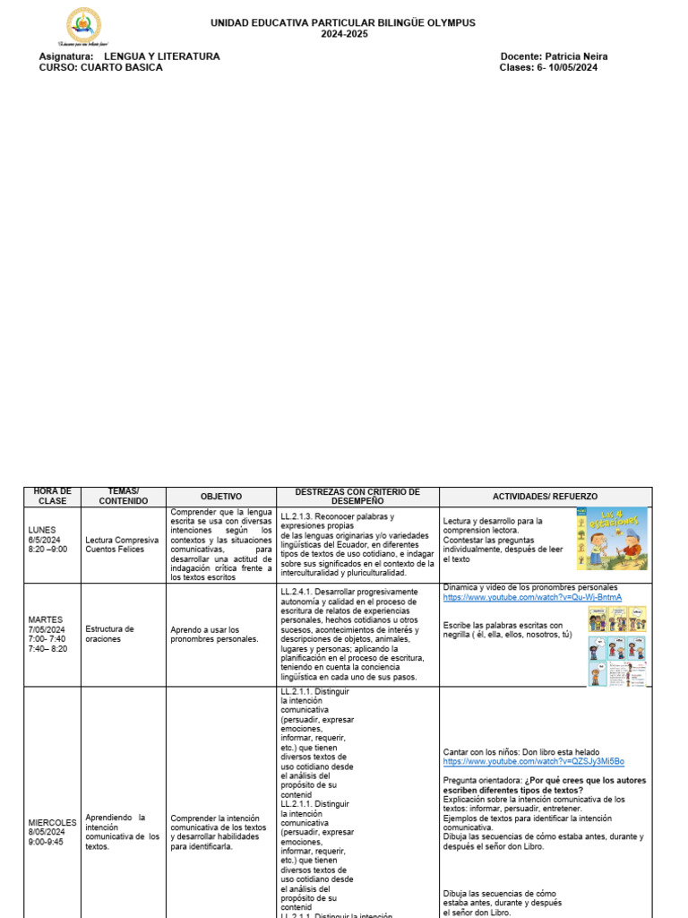 Plan de Clases 4to - 6 MAYO OLYMPUS | PDF | Multilingüismo | Dieta
