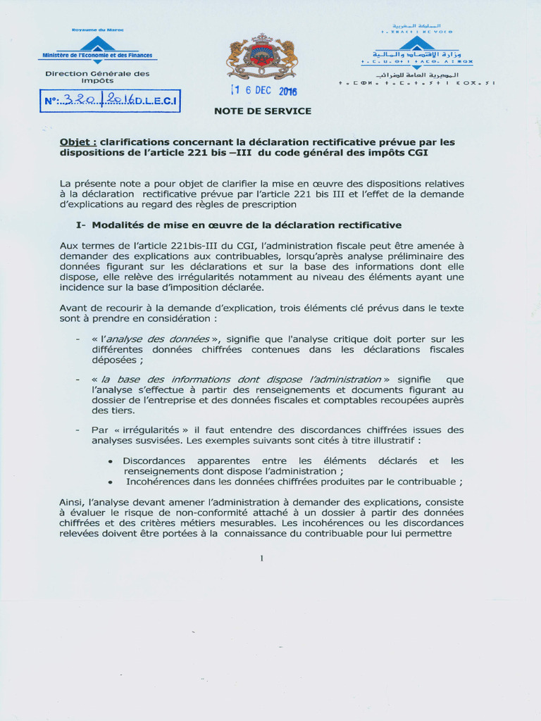 Note de Service Relative À La Déclaration Rectificative Prévue Par ...