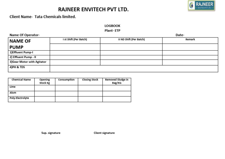 ETP Logbook for Tata Chemicals | PDF