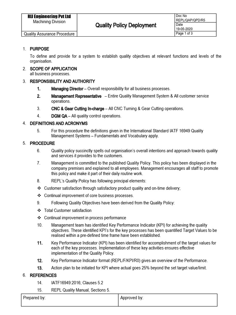 1) Quality Policy Deployment | PDF | Performance Indicator | Quality Assurance