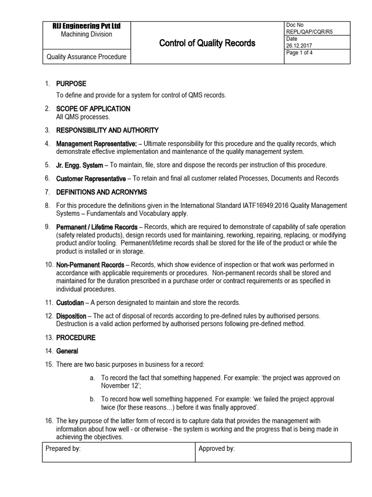 Quality Records Control Procedure | PDF | Quality Assurance | Quality ...