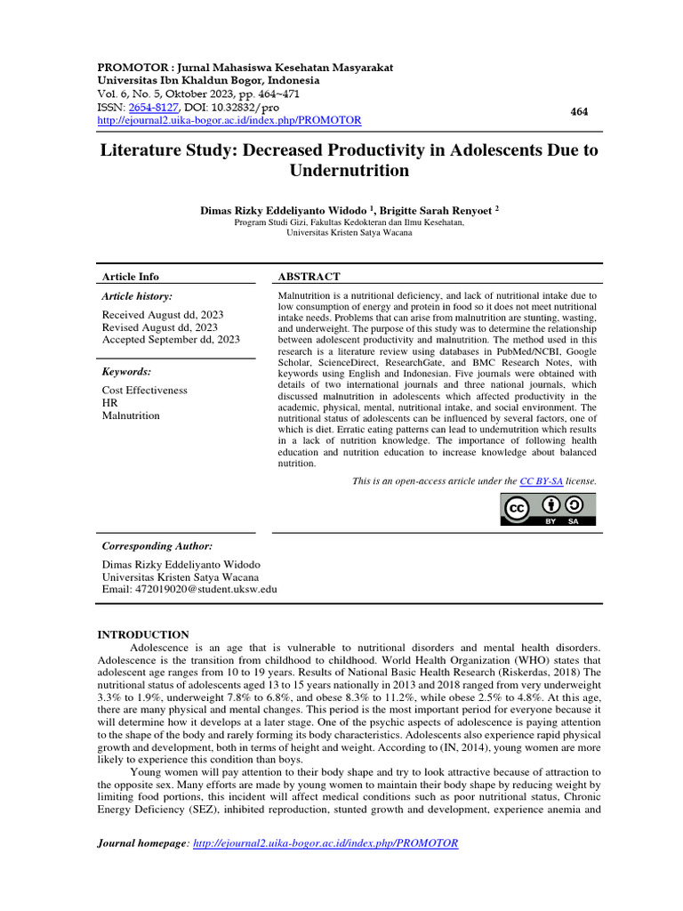 Adolescent Productivity and Undernutrition | PDF | Malnutrition ...