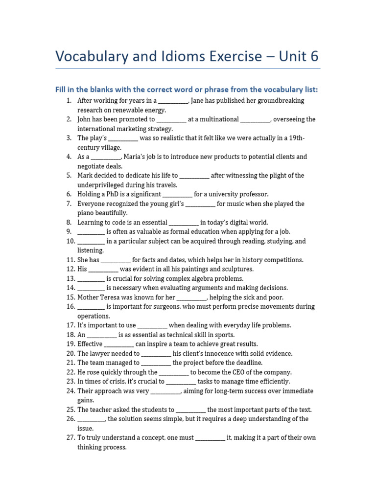 Vocabulary - and - Idioms - Exercise Unit 6 | PDF | Vocabulary | Learning
