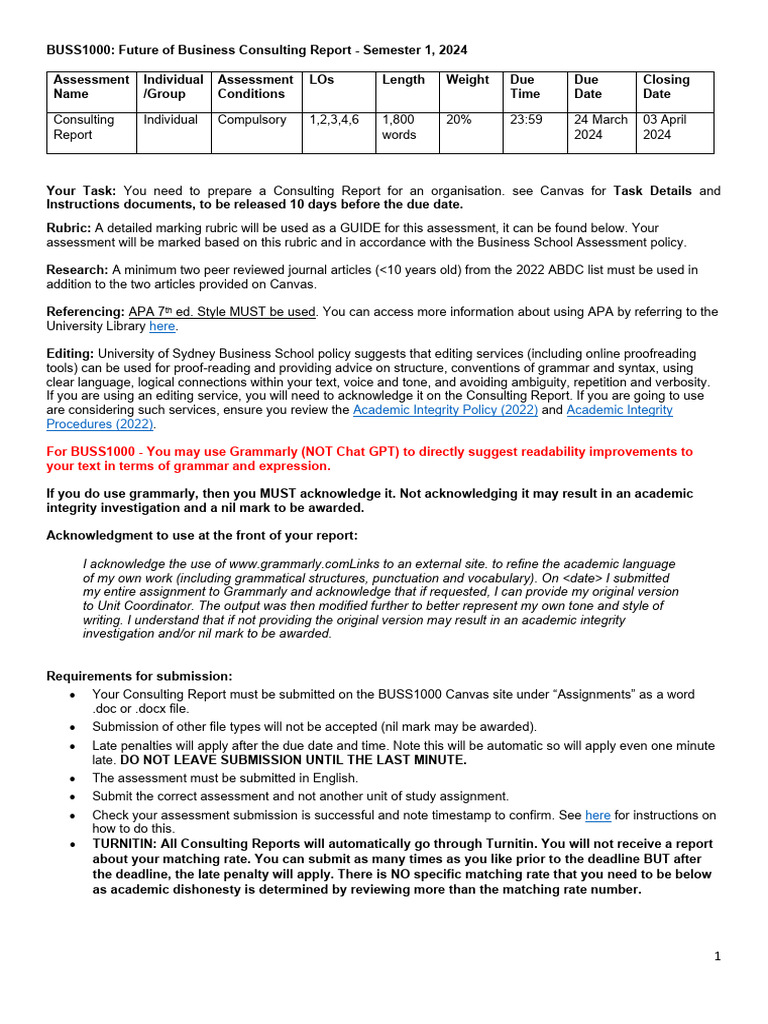 BUSS1000 - S1 2024 - Consulting Report Rubric - FINAL V2 | PDF | Theory | Critical Thinking