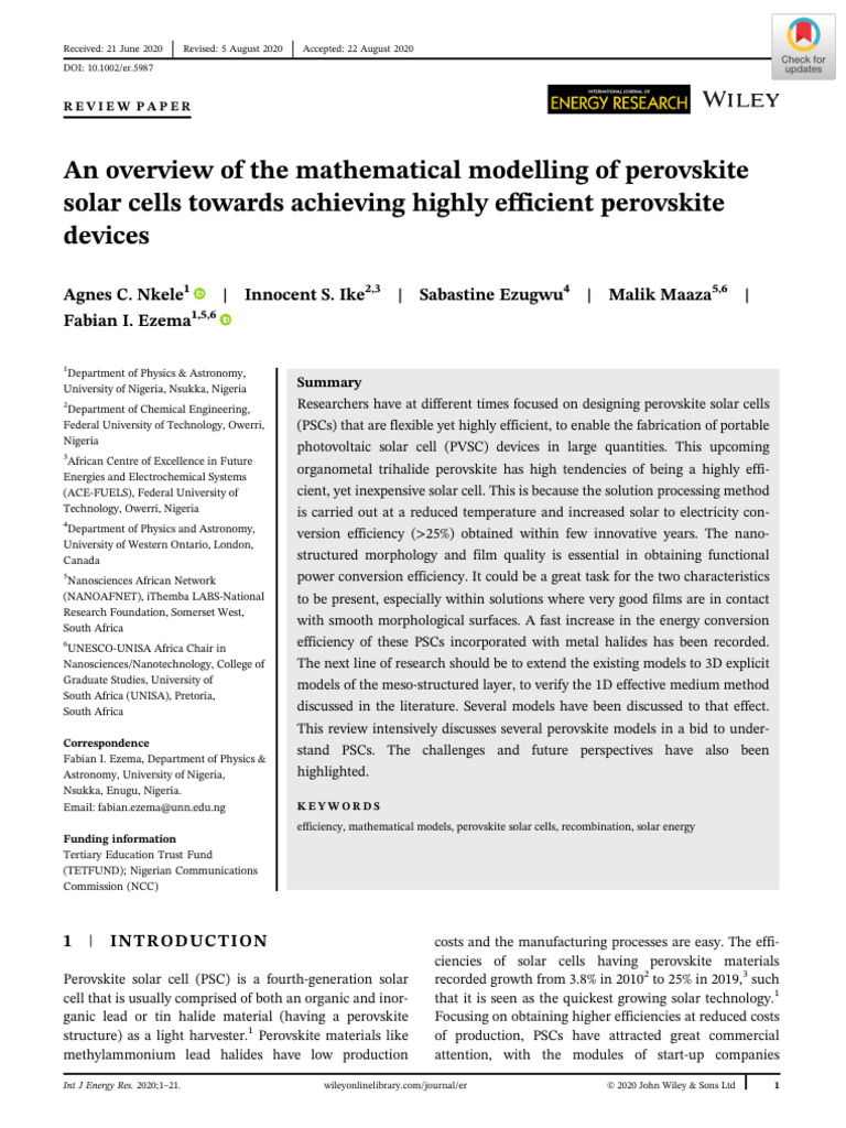 An Overview of The Mathematical Modelling of Perovskite Solar Cells ... An Overview of The Mathematical Modelling of Perovskite Solar Cells ...