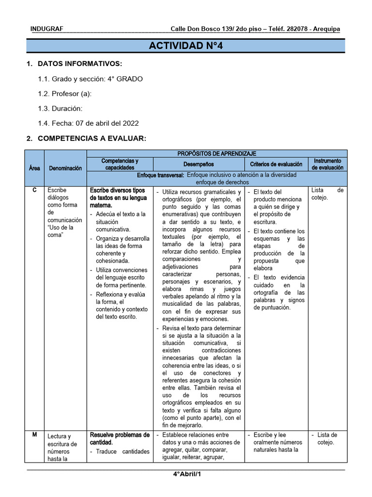 4° Grado - Actividad Del Dia 07 de Abril | PDF | Evaluación | Aprendizaje
