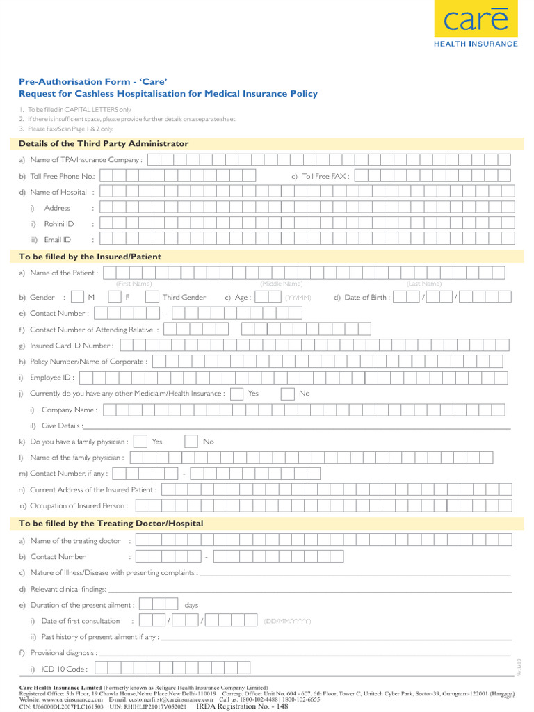 Cashless Hospitalization Pre-Authorization Form | PDF | Patient | Hospital