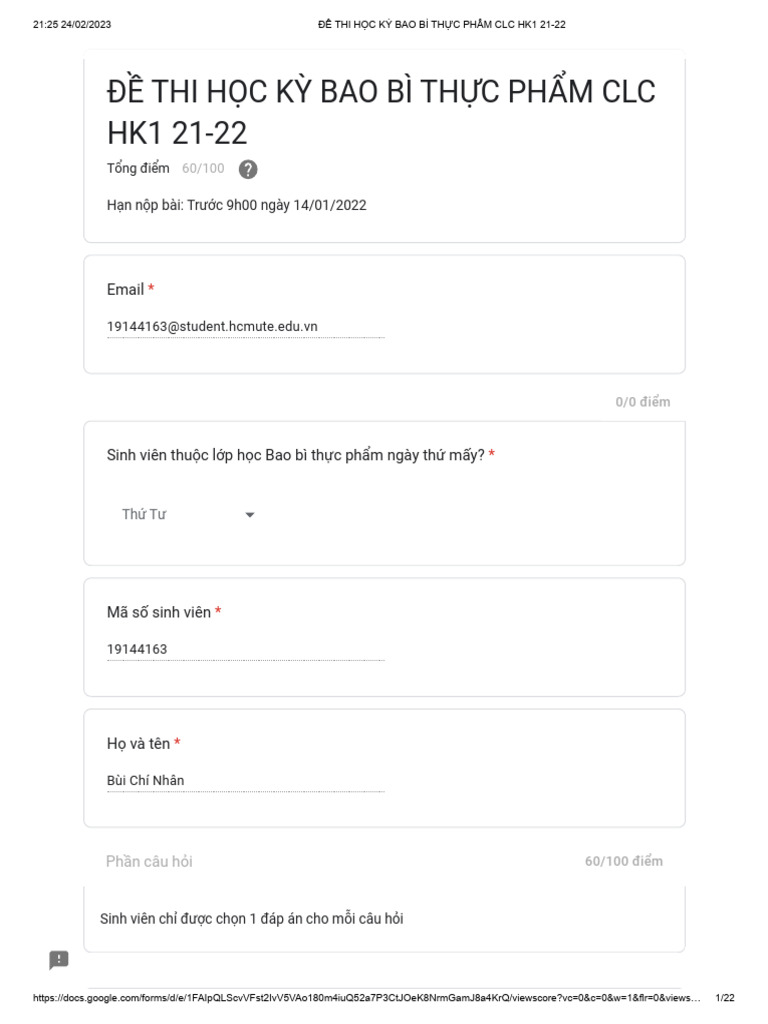 ĐỀ THI HỌC KỲ BAO BÌ THỰC PHẨM CLC HK1 21 22 | PDF