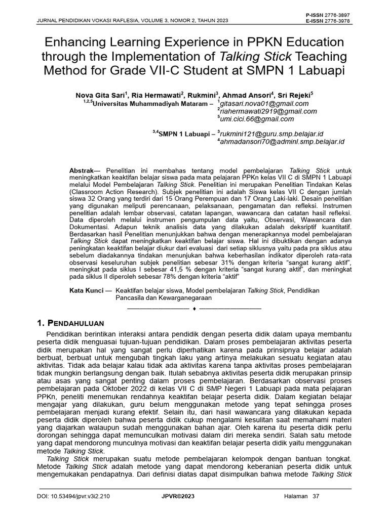 Enhancing Learning Experience in PPKN Education Through The Implementation of Talking Stick ...